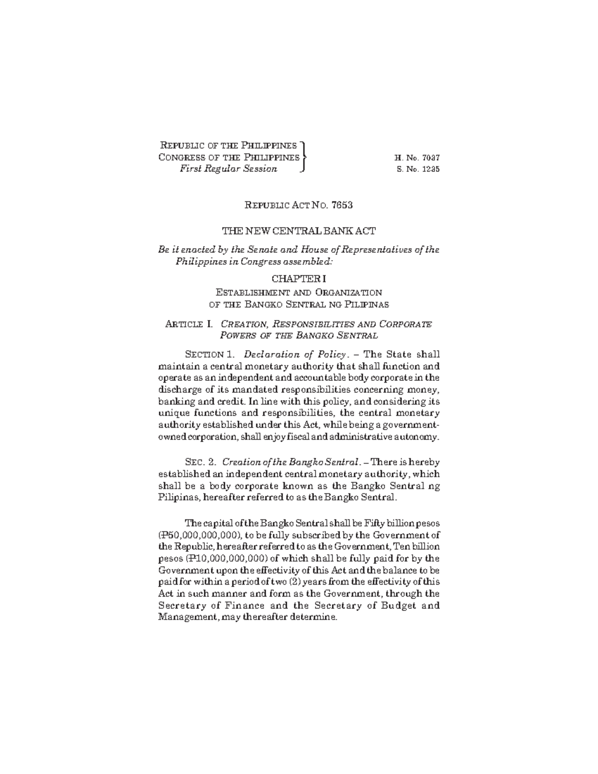 New Central Bank Act (RA 7653) - Study Notes and Summary - Studocu
