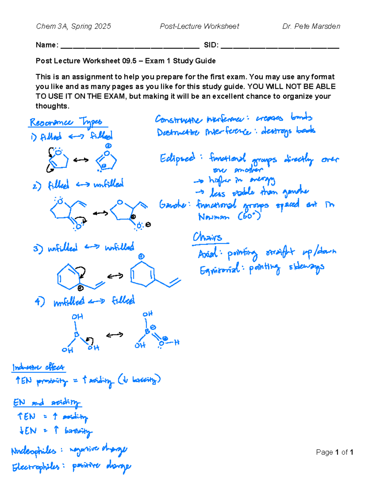 Chem 3A, Spring 2025 Exam 1 Study Guide Worksheet - Studocu