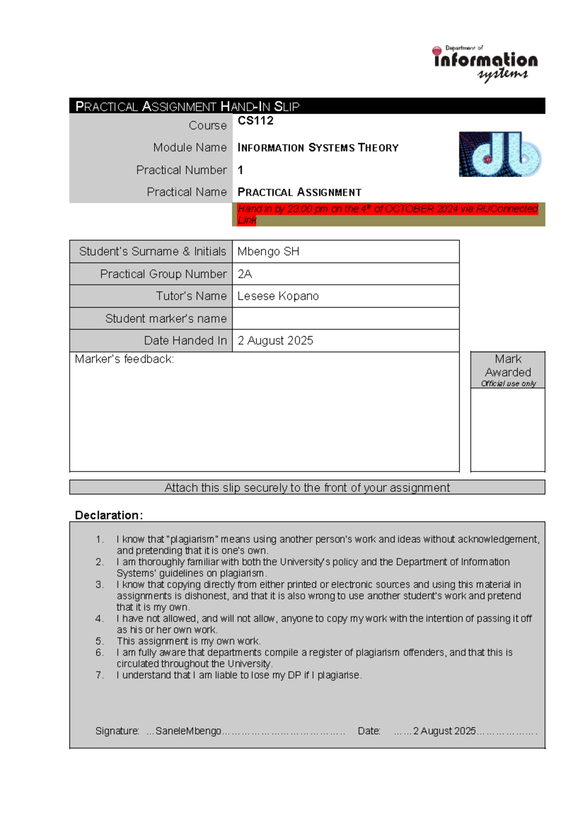 CS112 - Practical Assignment 1: Information Systems Theory - Studocu