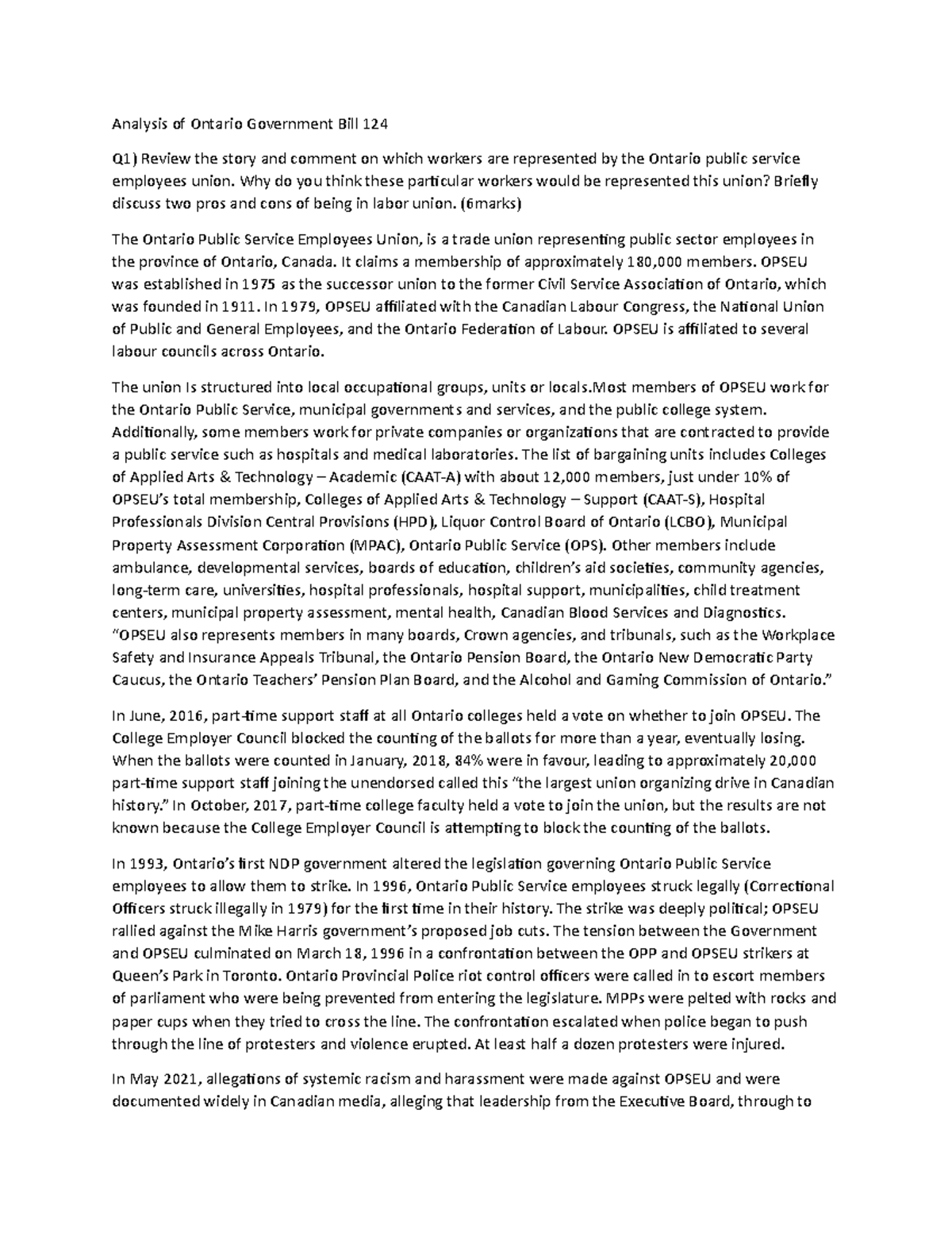 Assignment one. - Analysis of Ontario Government Bill 124 Q1) Review ...