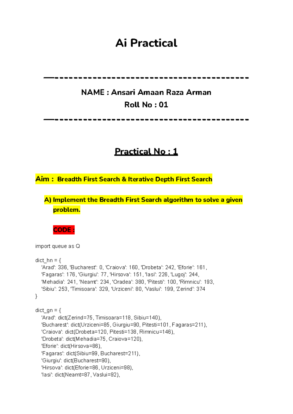 AI Prac - Final Year BFS, DFS, A*, SVM, Naive Bayes Implementation - Studocu