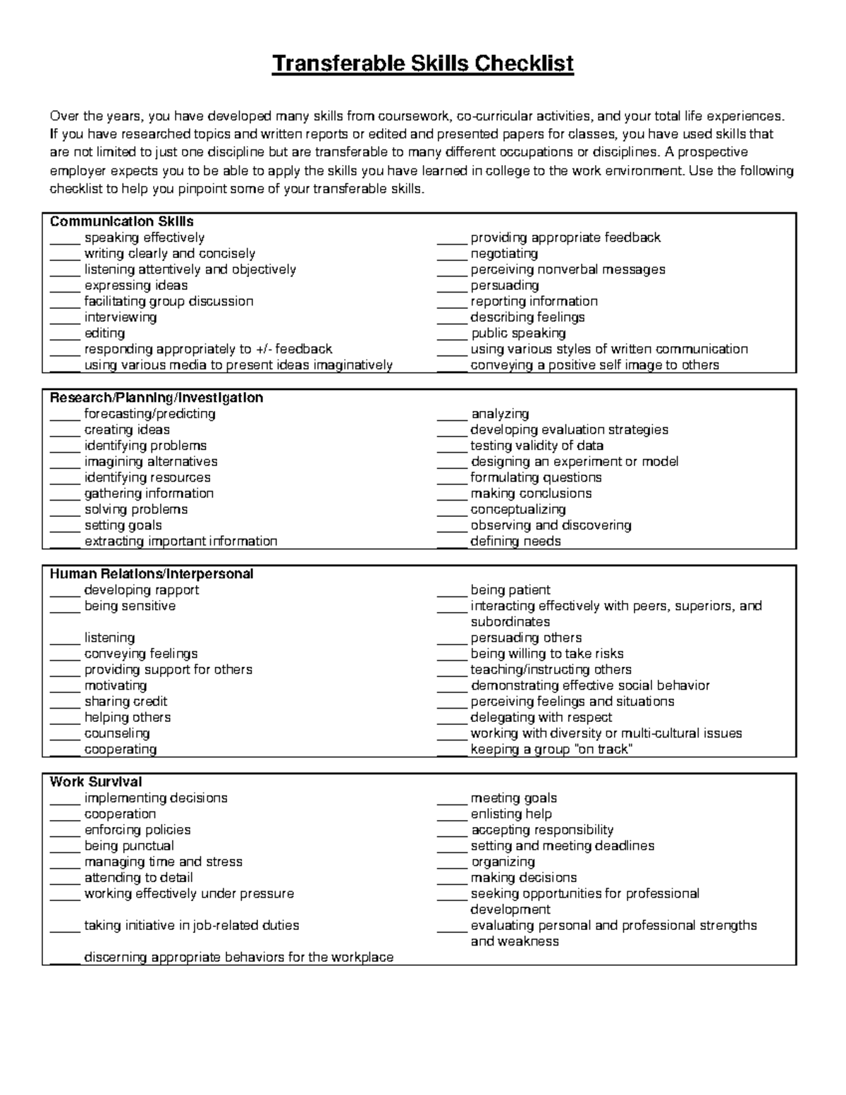 Transferable Skills Checklist for Career Readiness and Development ...