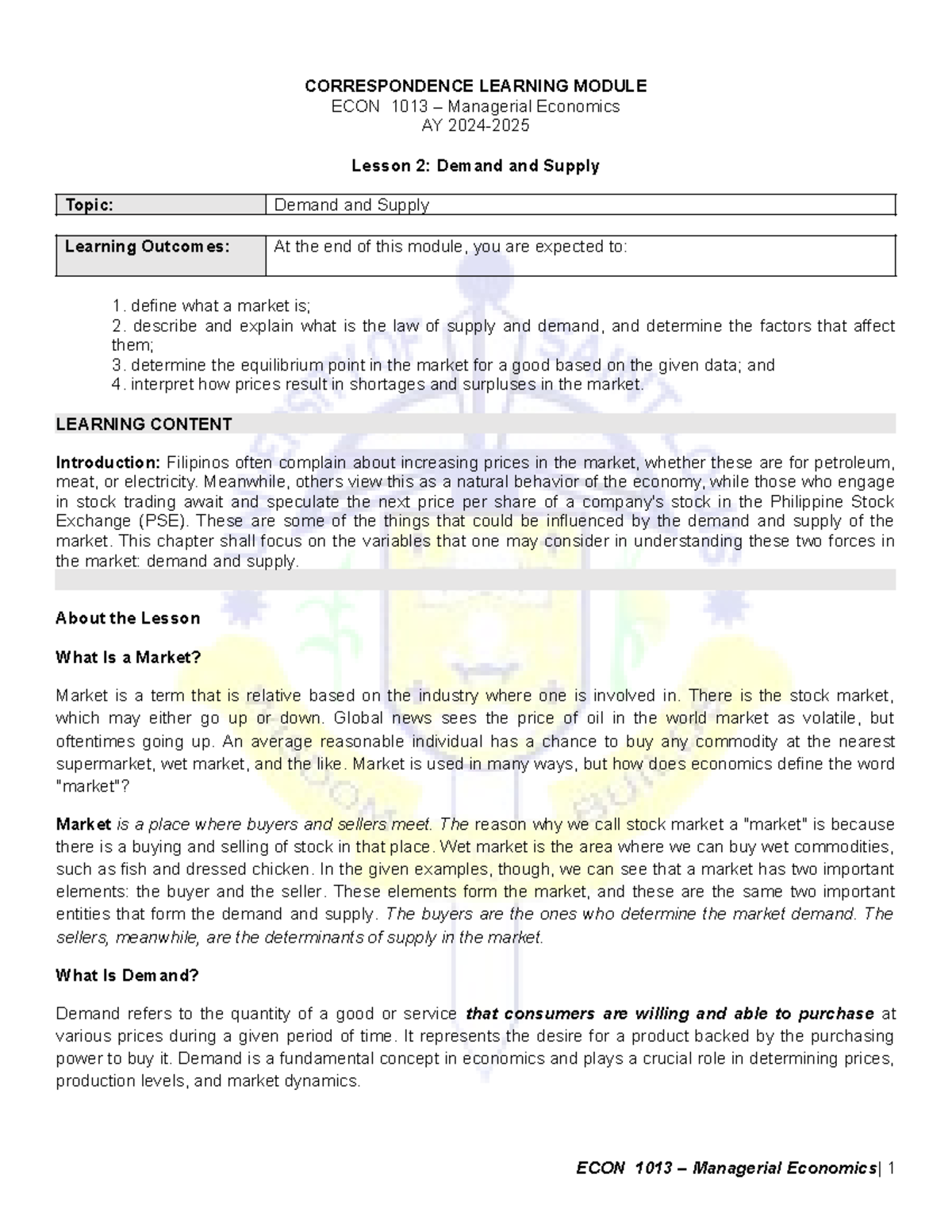 ECON 1013 Managerial Economics: Module 2 - Demand and Supply Insights ...