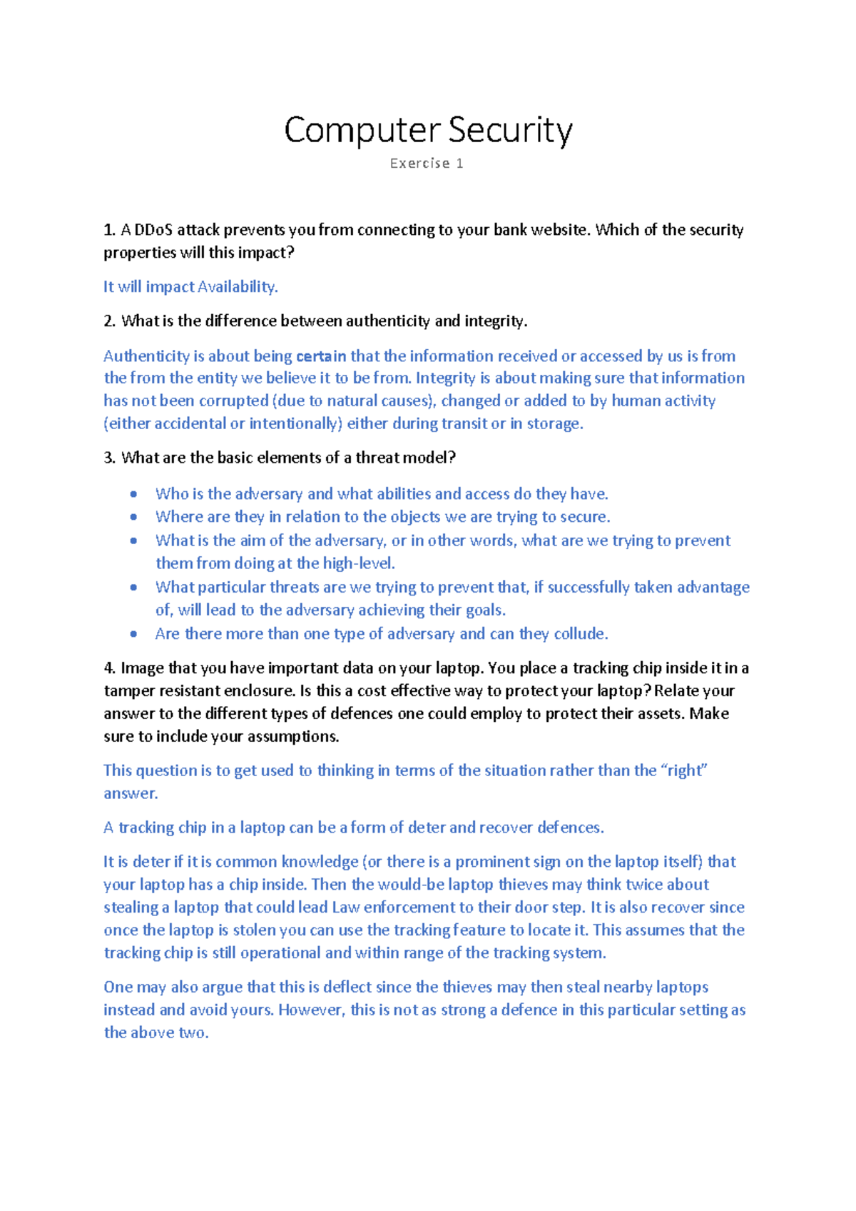 Computer Security CS101 - Exercise 1 Solutions and Analysis - Studocu