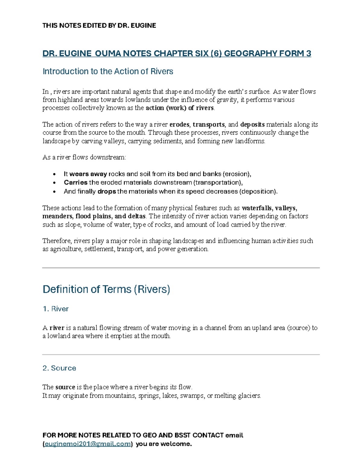 Dr. Eugine's Geography Form 3 Chapter 6: The Action of Rivers - Studocu