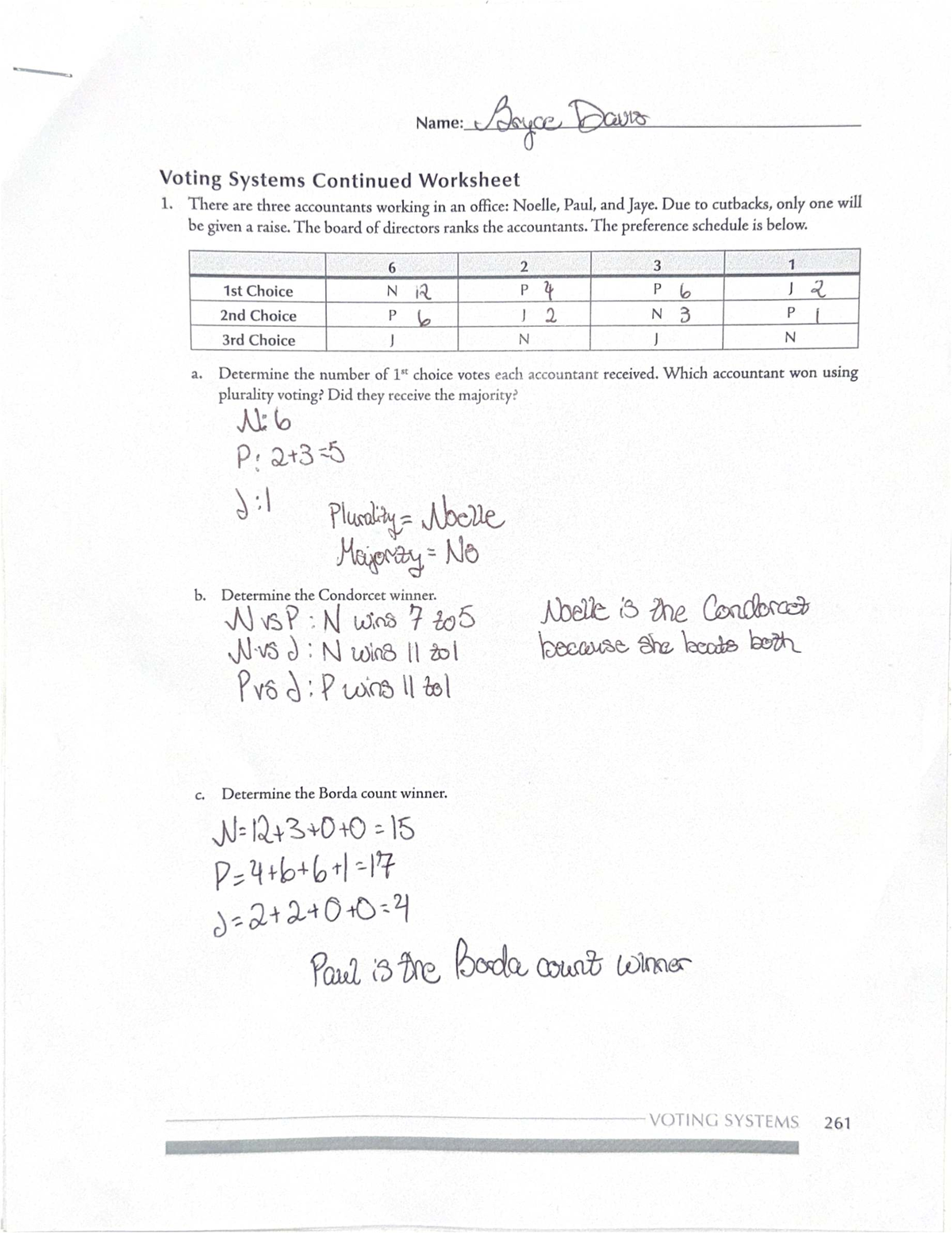Voting Systems Continued Worksheet: Analysis of Plurality, Borda, and ...