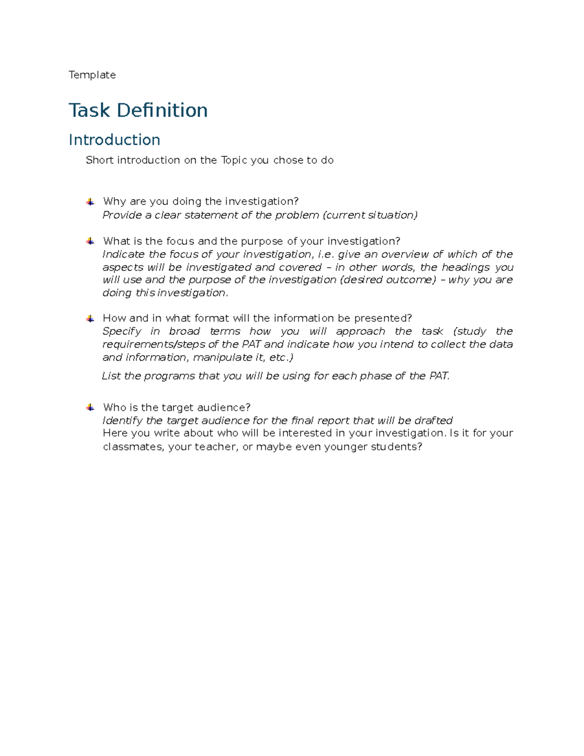 Task Definition Template for Investigation Planning and Reporting - Studocu