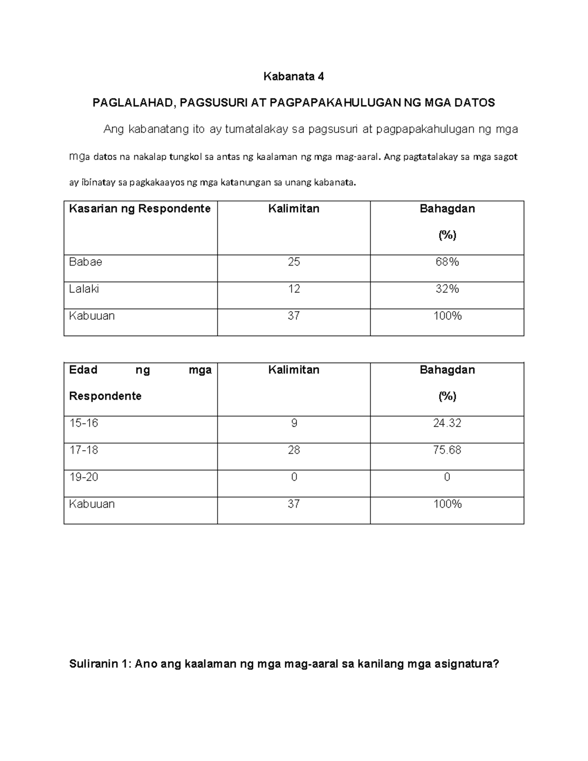 Kabanata 4: Pagsusuri at Pagpapakahulugan ng Datos sa mga Mag-aaral ...