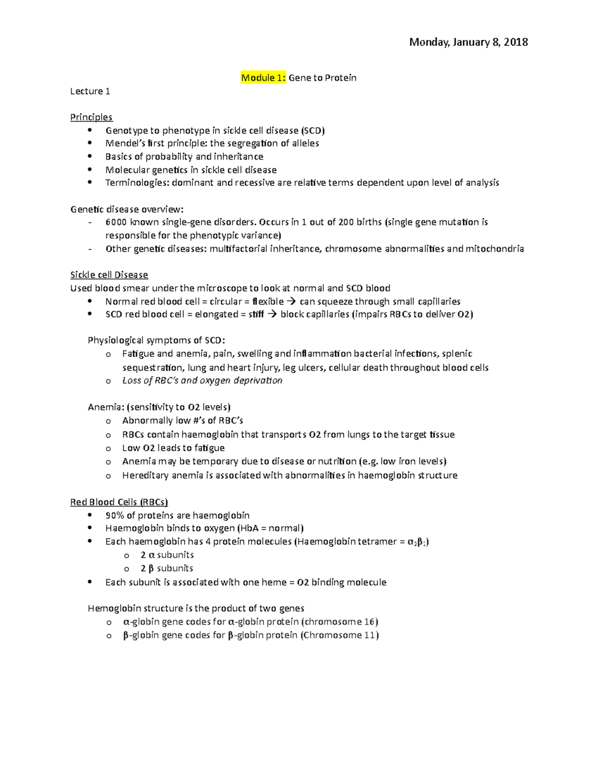 Bio 2C03 Week 2 (Module 1) - Monday, January 8, 2018 Module 1: Gene to ...