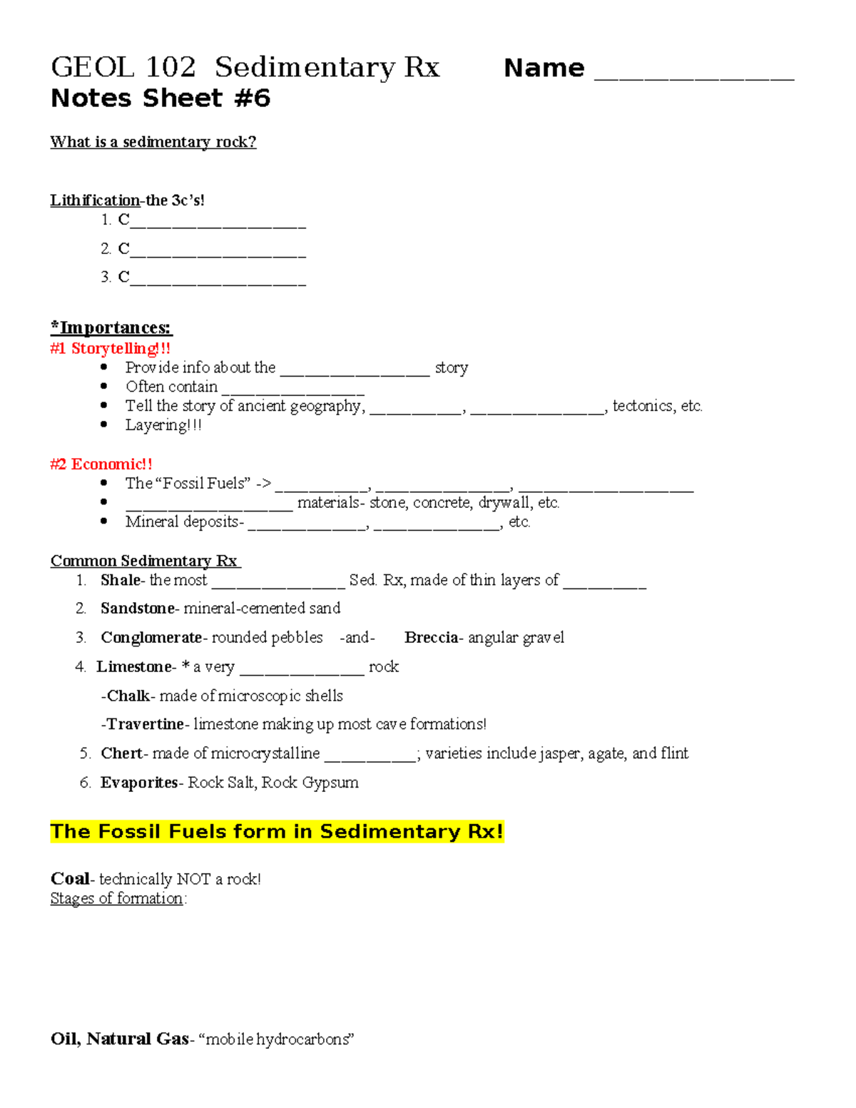 GEOL 102 Sedimentary Rocks Notes Sheet: Formation & Types - Studocu