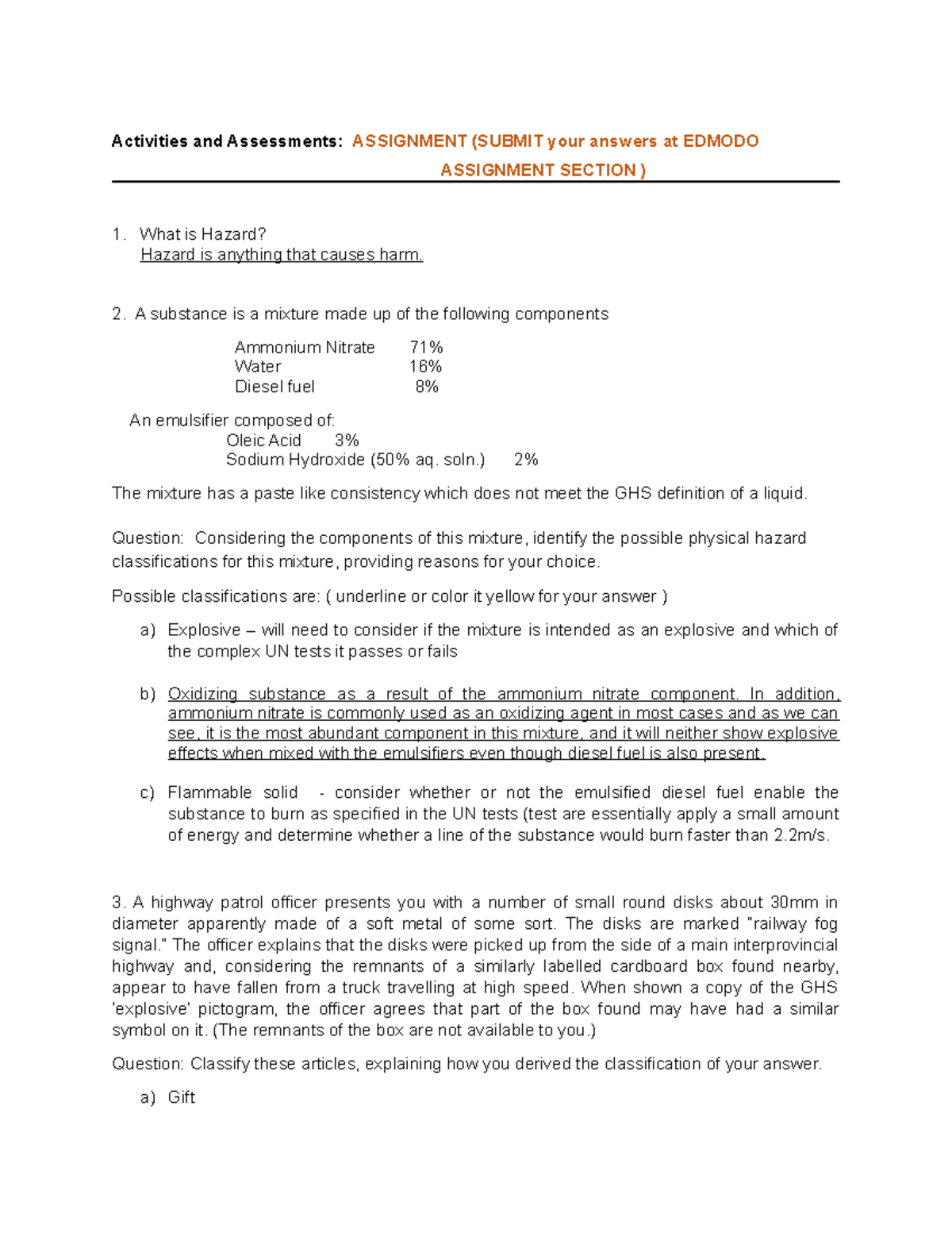 Unit 1 Assessments - CHEM - Hazardous Material Classifications - Studocu
