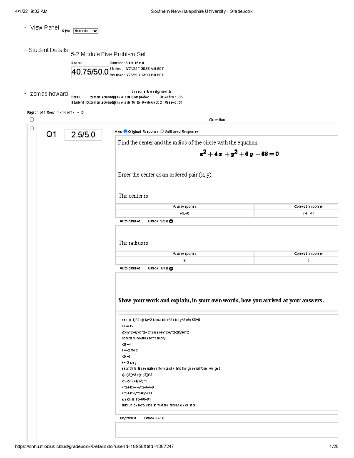 MAT 140 5-2 Module Five Problem Set Gradebook - Page: 1 of 1 Rows: 1 ...