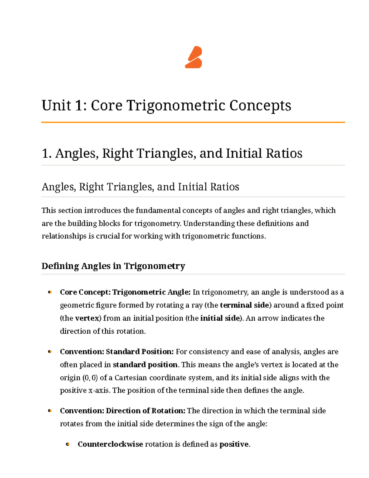 Unit 1: Core Trigonometric Concepts - Angles & Right Triangles Study ...