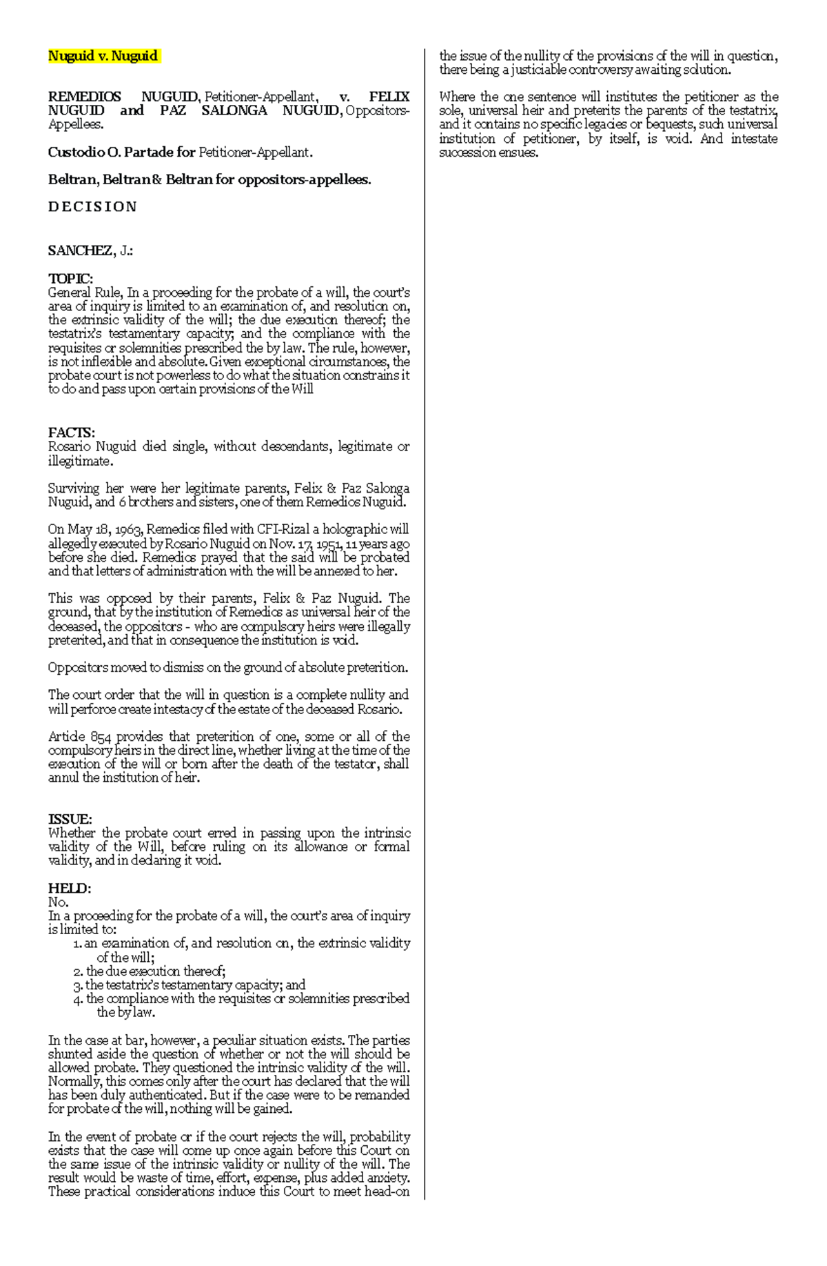 Nuguid v. Nuguid 77 SCRA 449 - Case Digest and Legal Analysis - Studocu
