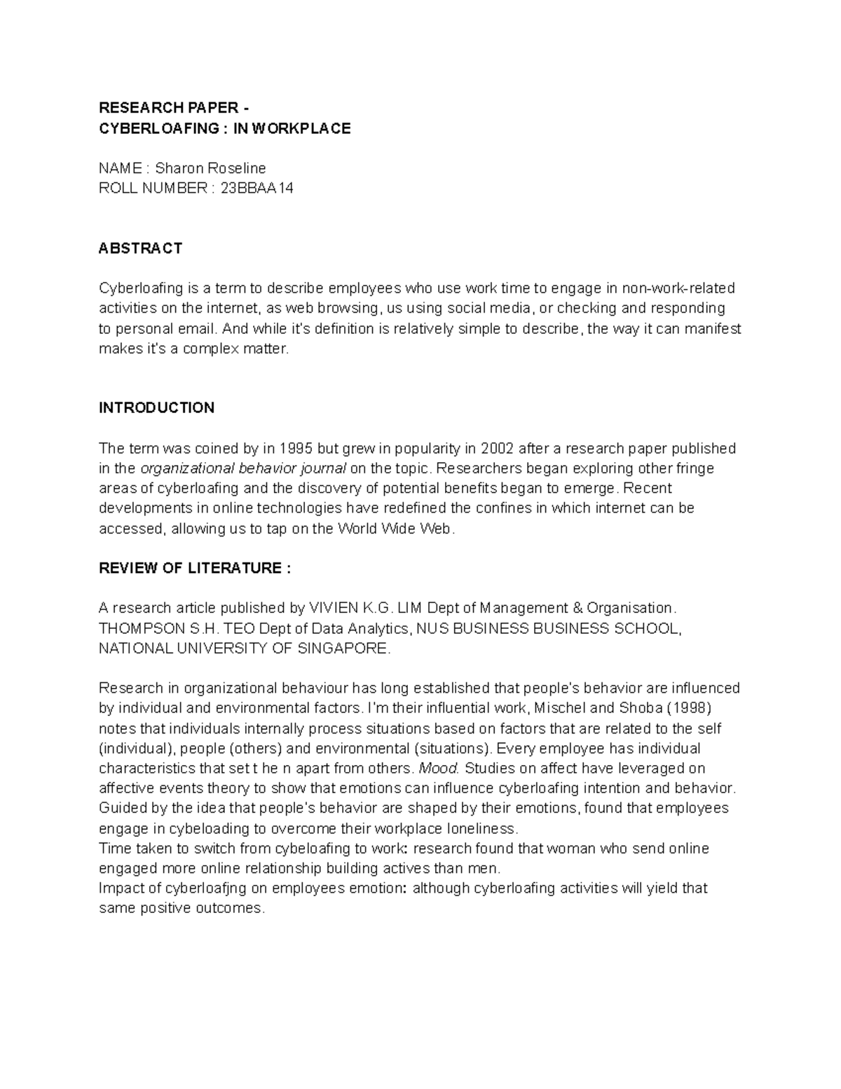 RESEARCH PAPER ON CYBERLOAFING IN THE WORKPLACE (23BBAA14) - Studocu