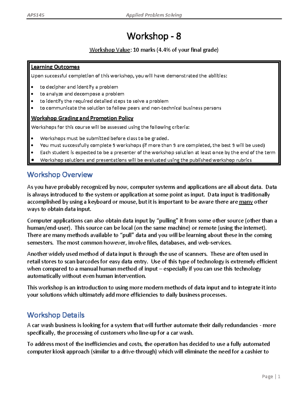 Workshop 08 Pseudocode align with flowchart requirements - APS145 Applied Problem Solving Page ...