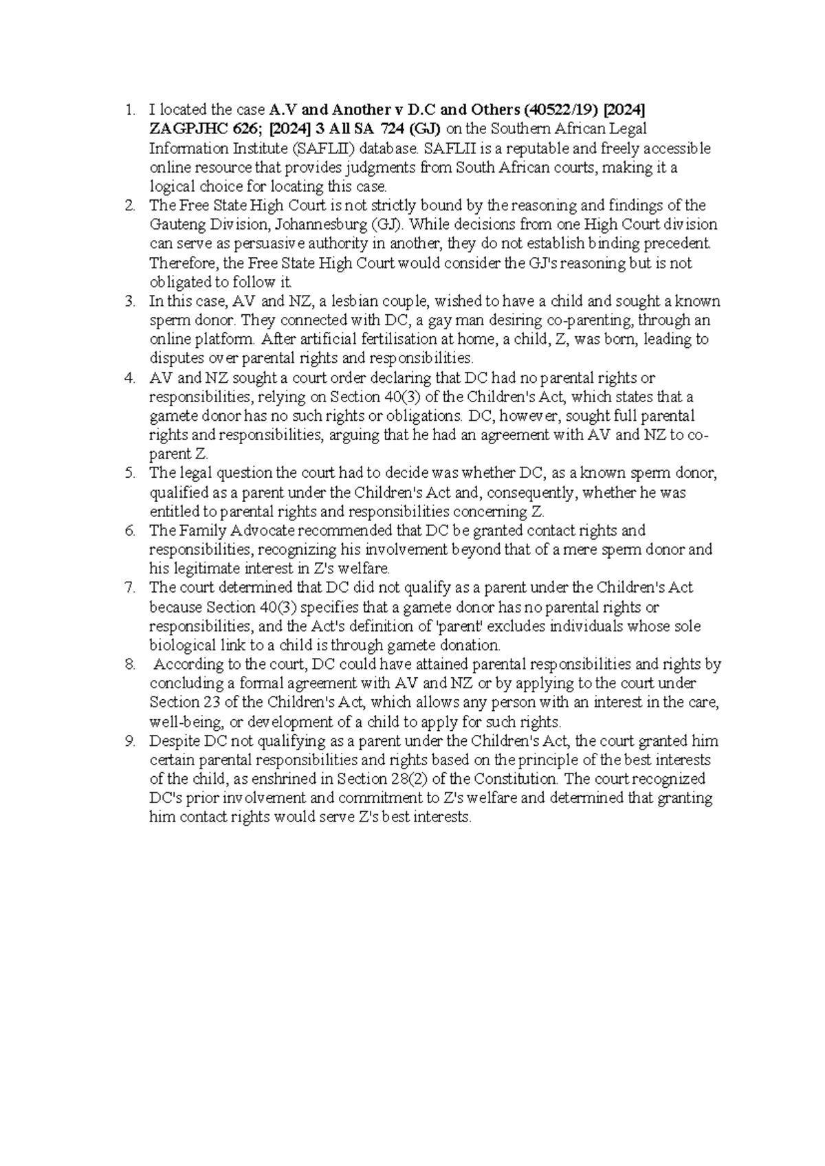 Case Study: A.V. & Another v D.C. - Parental Rights Analysis (Tutorial ...