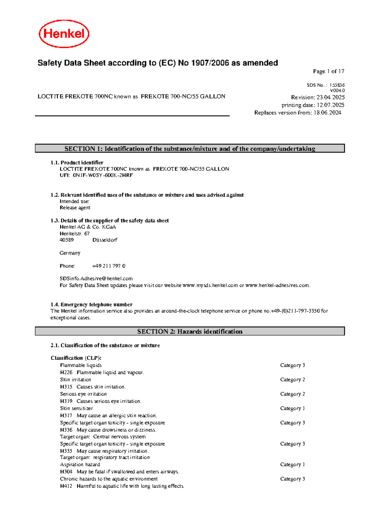 Safety Data Sheet (SDS) for LOCTITE FREKOTE 700NC (SDS No. 153836 ...