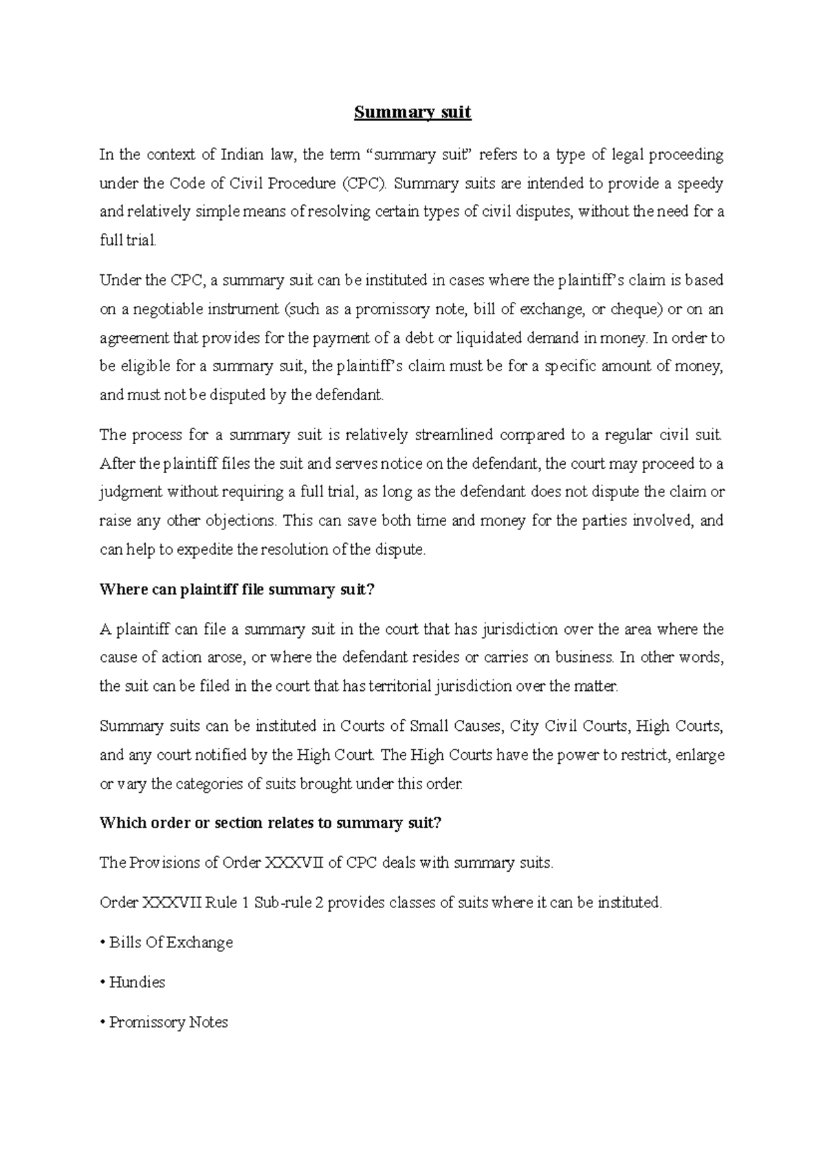 Summary Suit Notes - Key Aspects of CPC Order XXXVII - Studocu