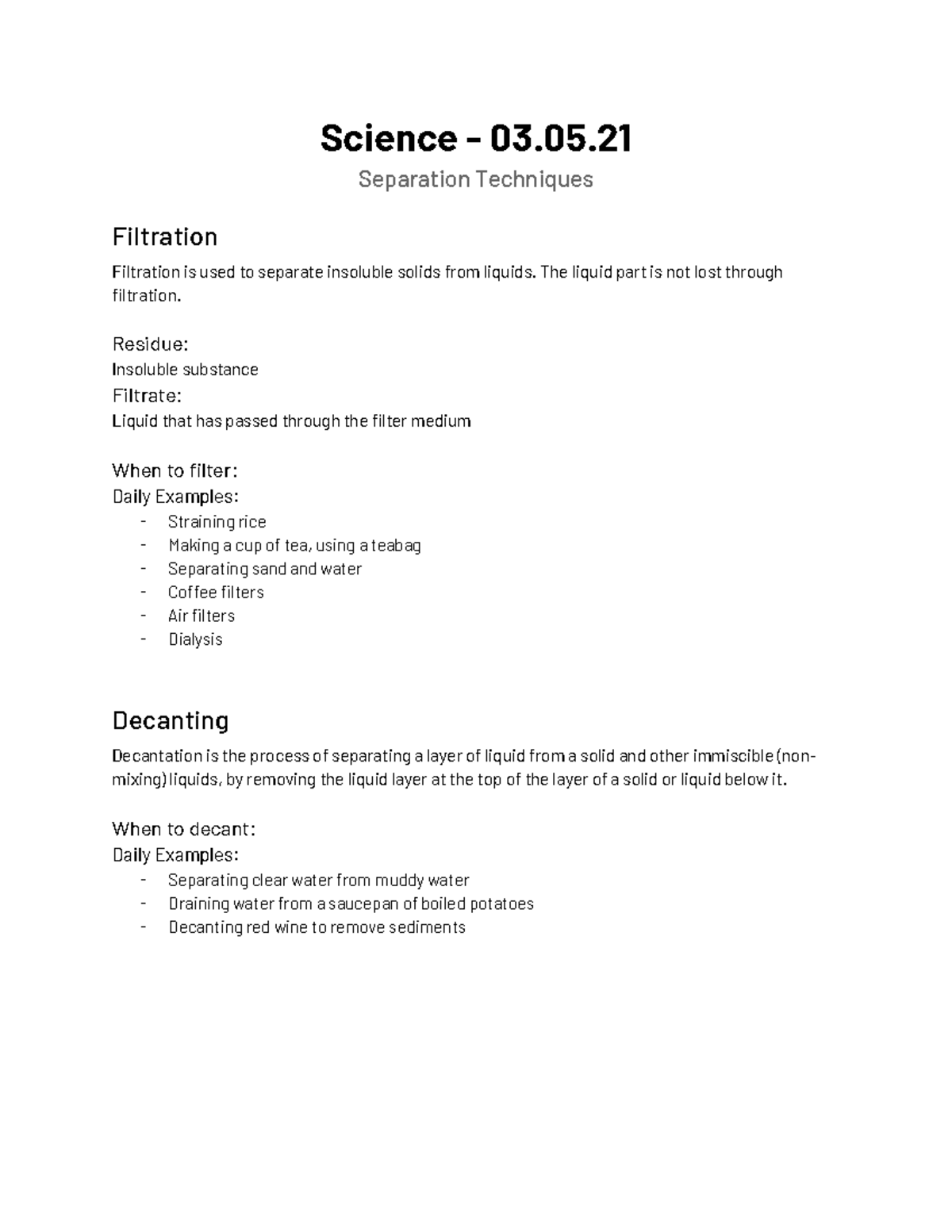 Science 03.05.21: Filtration Techniques and Separation Methods - Studocu