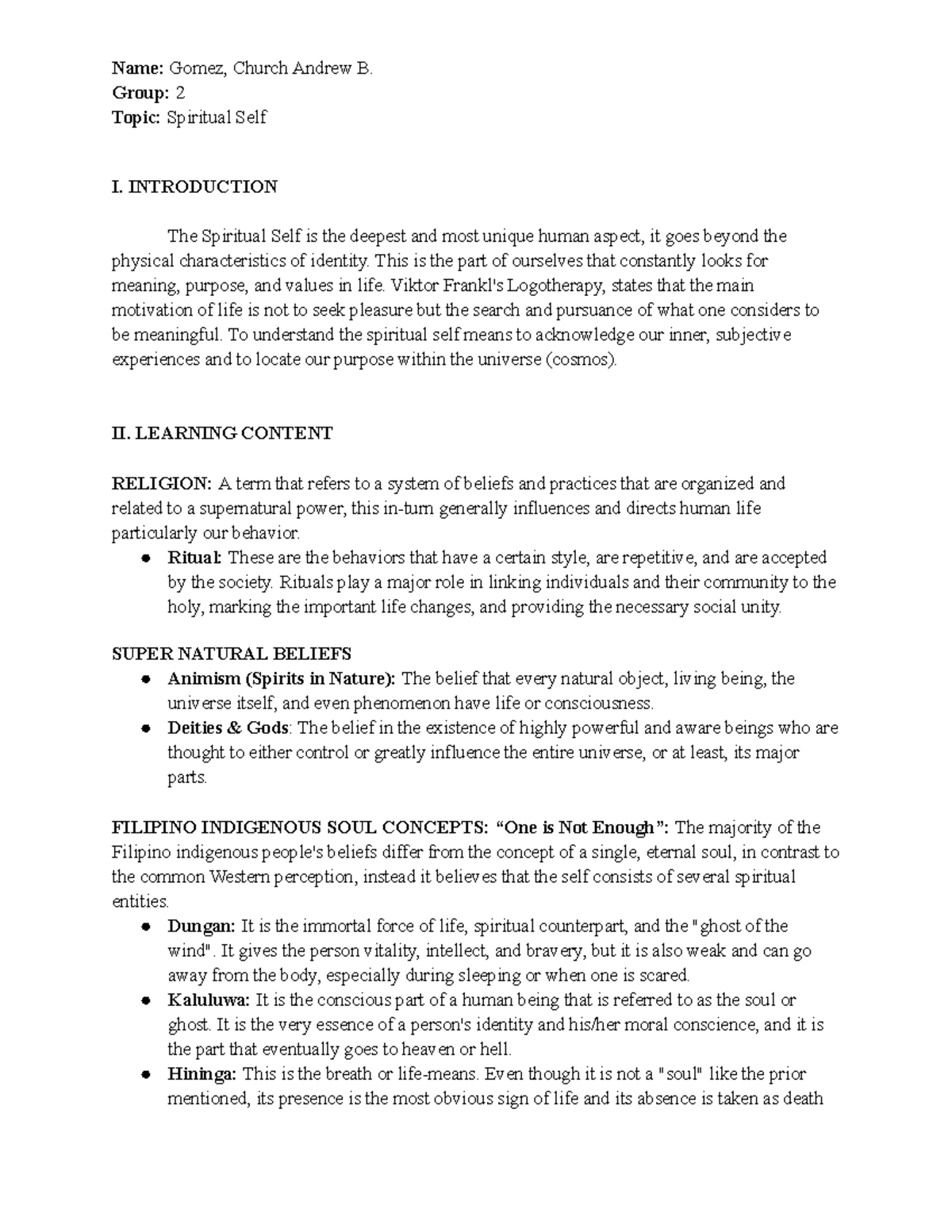 Spiritual Self: Insights for Lecture on Identity and Meaning - Studocu