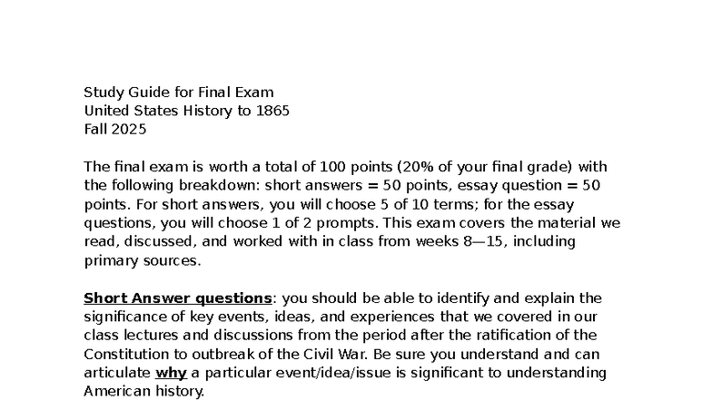 Study Guide for Final Exam: US History to 1865 (Fall 2025) - Studocu