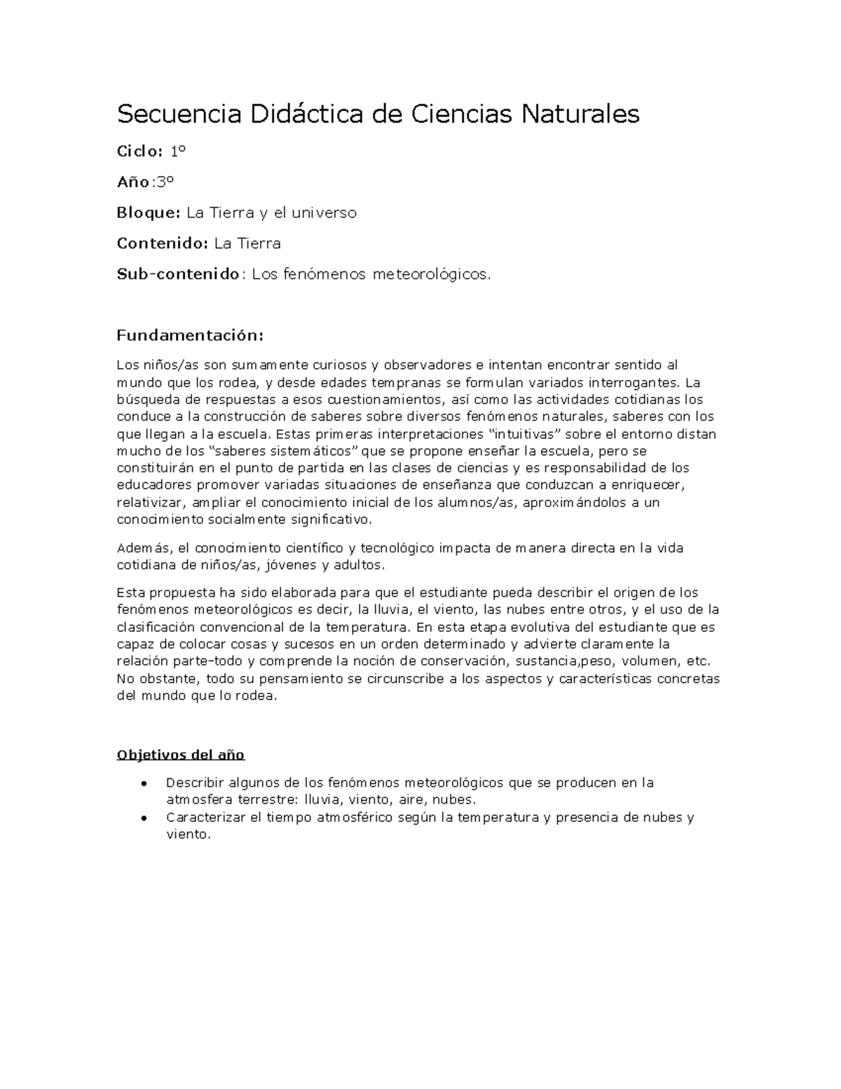 Secuencia Didáctica: La Tierra y Fenómenos Meteorológicos 1° 3° CN ...
