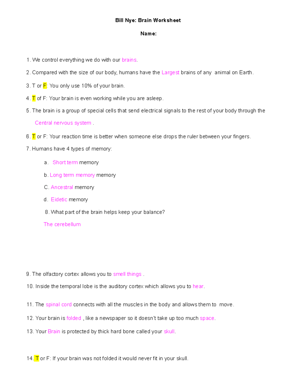 Bill Nye Brain Worksheet - Bill Nye: Brain Worksheet Name: We control ...