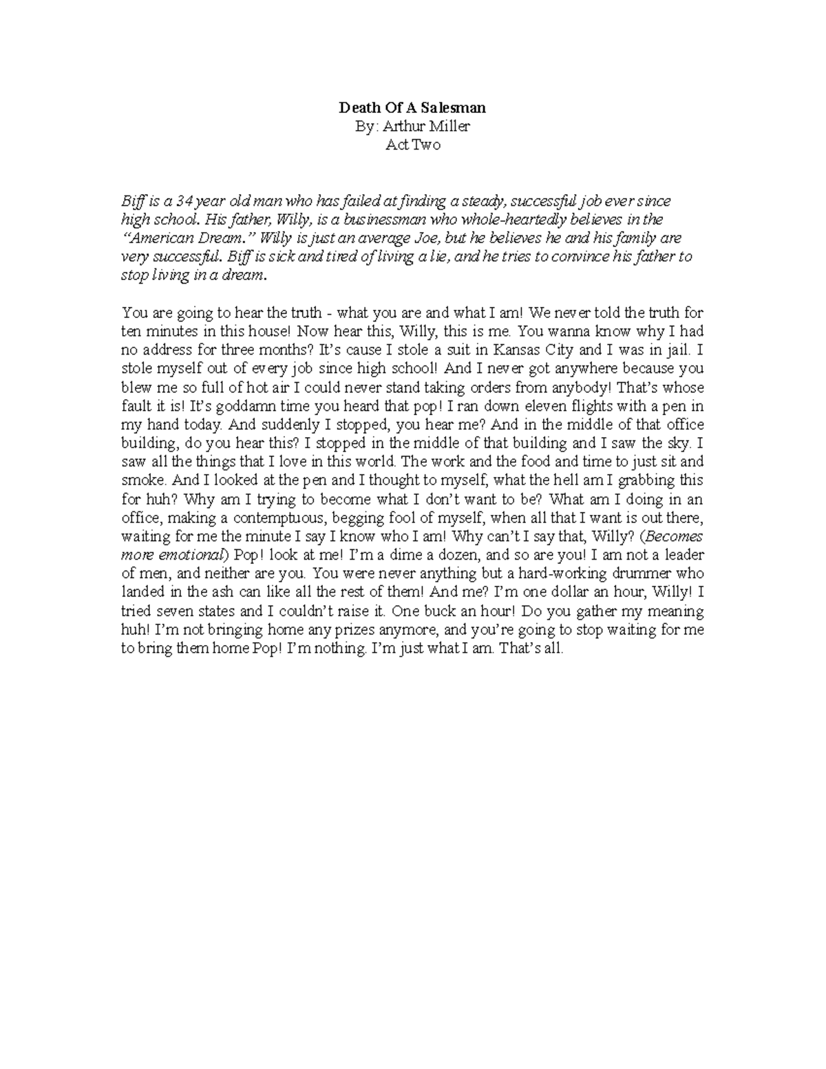Death of a Salesman Act II - Biff's Dramatic Monologue Transcript - Studocu