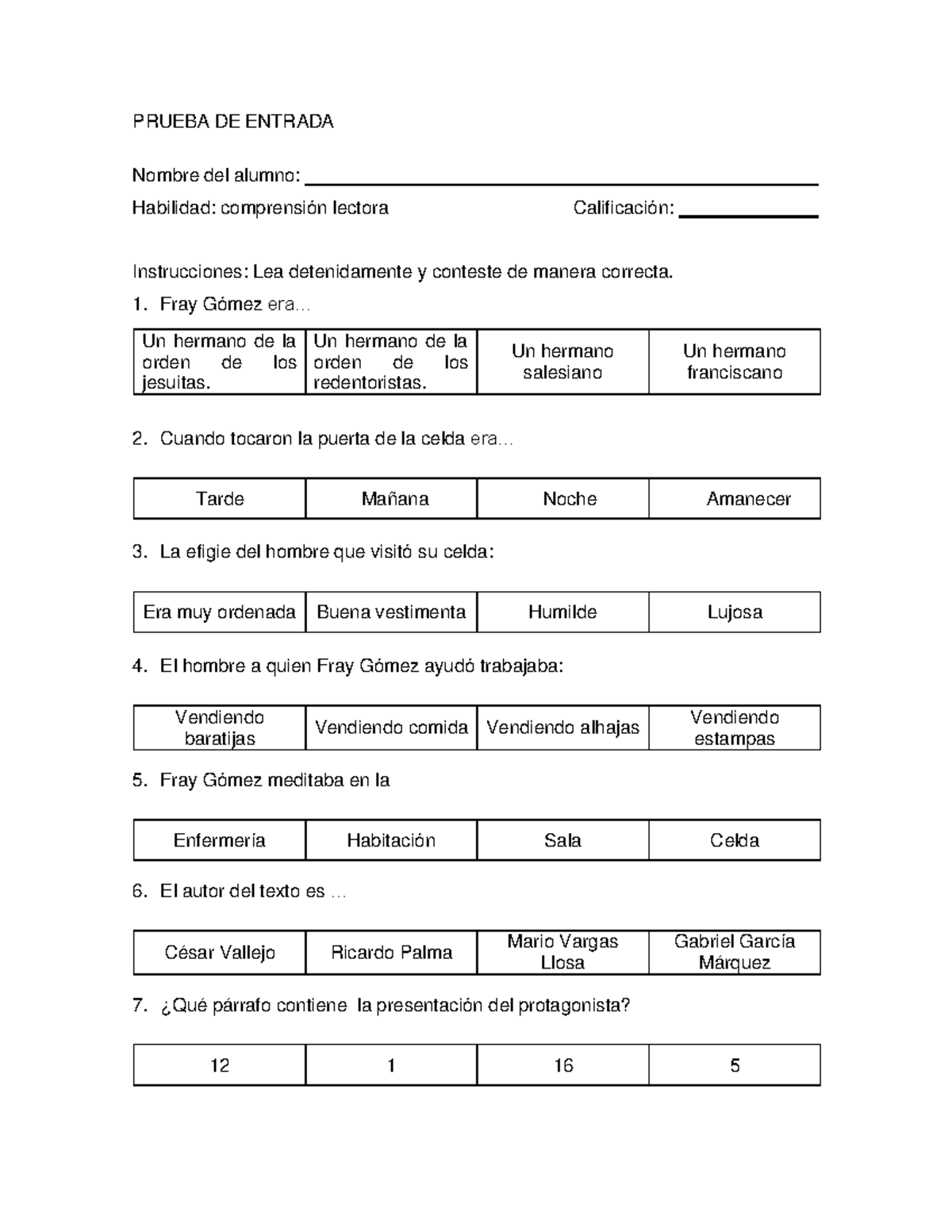 Prueba Diagnóstica: Comprensión Lectora - Fray Gómez - Studocu