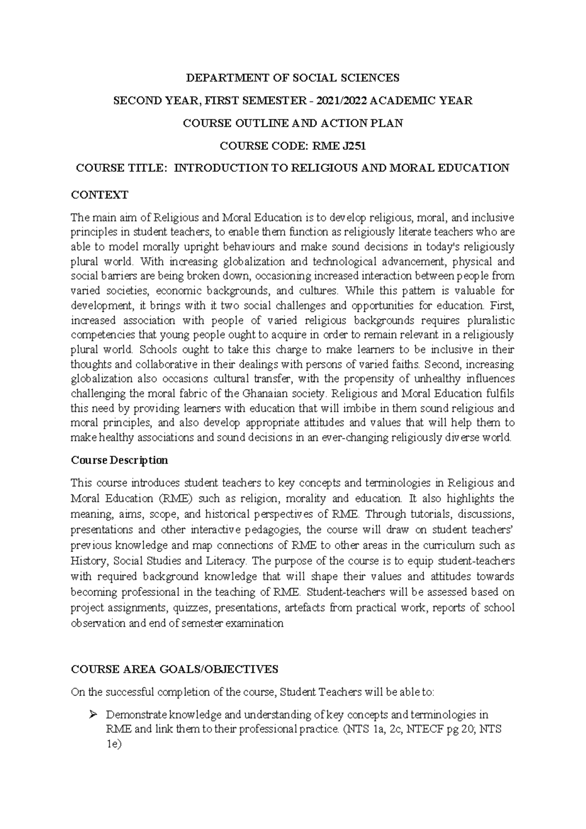 RME J251 Course Outline - Introduction to Religious and Moral Education ...