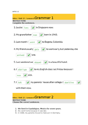 Intro unit 5 - MYELT - INTRO_ UNIT 5 Intro / Unit 5 / Lesson AGrammar 1 INSTRUCTIONS Complete ...