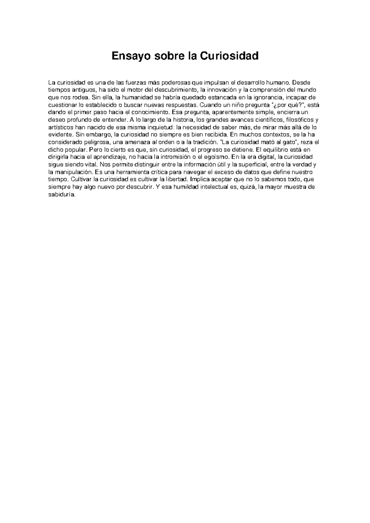 Ensayo sobre la Curiosidad: Motor del Desarrollo Humano - Studocu
