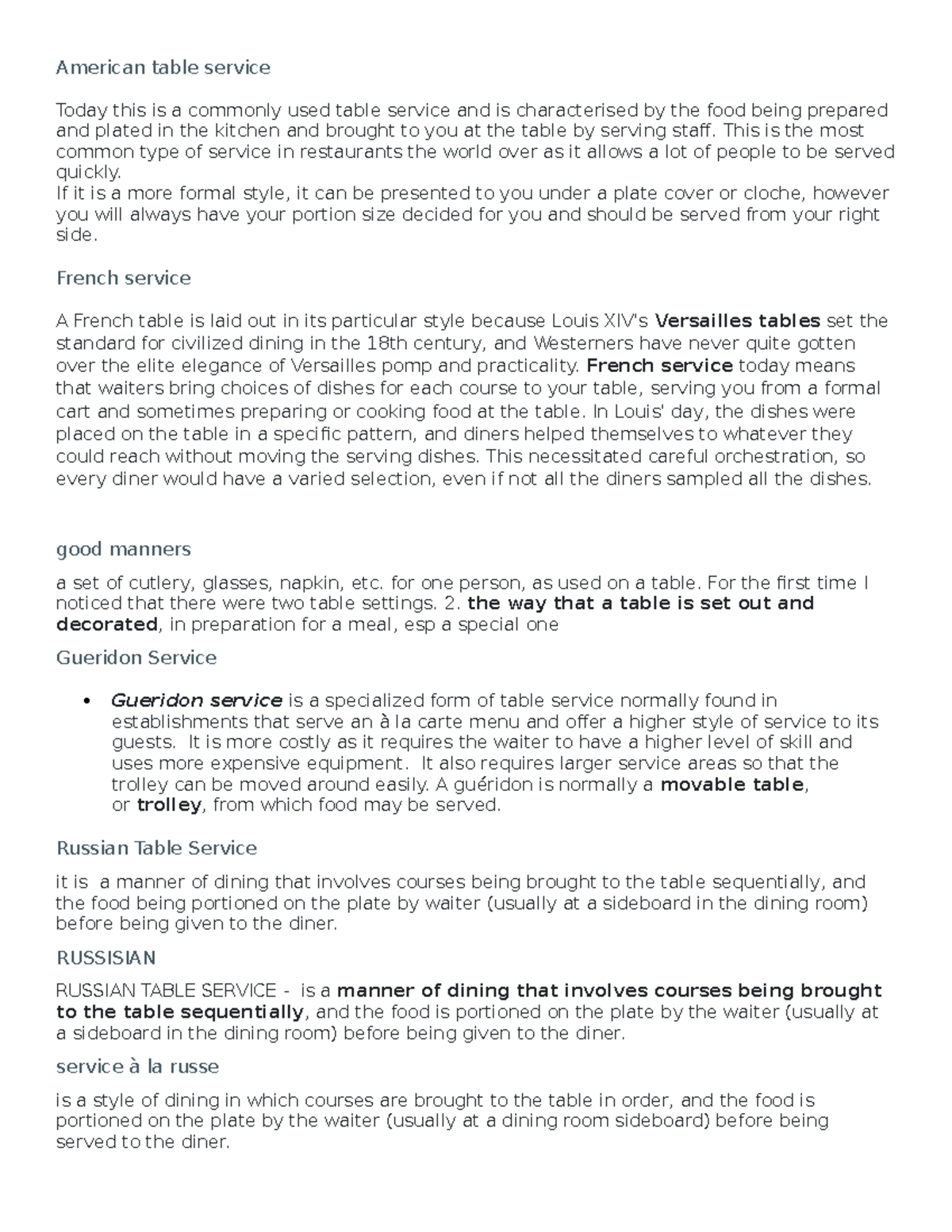 TESDA Reviewer: Essential Table Service Techniques and Styles - Studocu