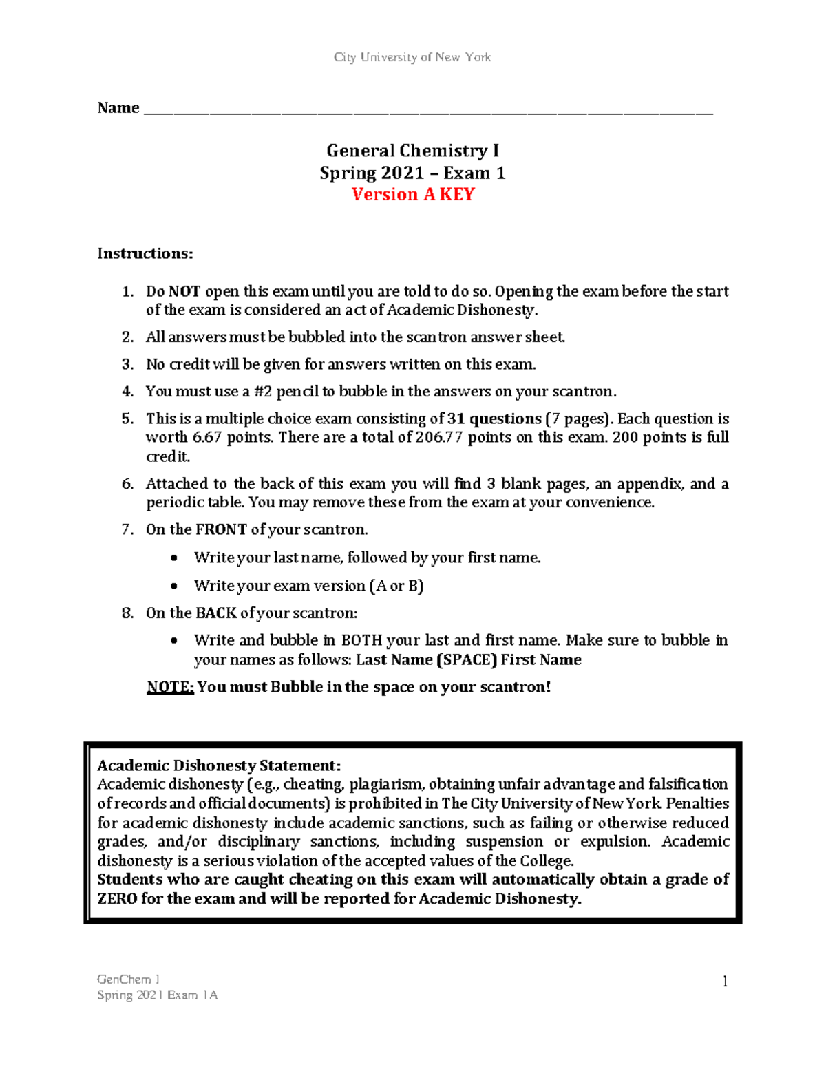 GenChem I 2021 Spring Exam 1 Version A Key - Studocu