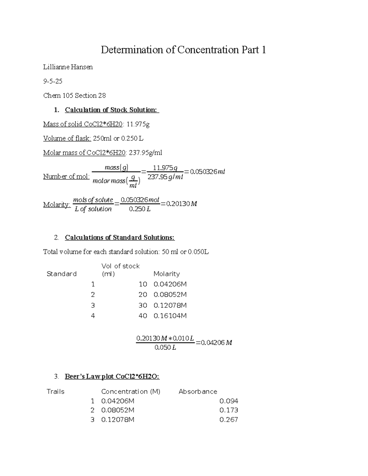 Determination of Concentration Part 1 - Chem 105 Sec 28 - Studocu