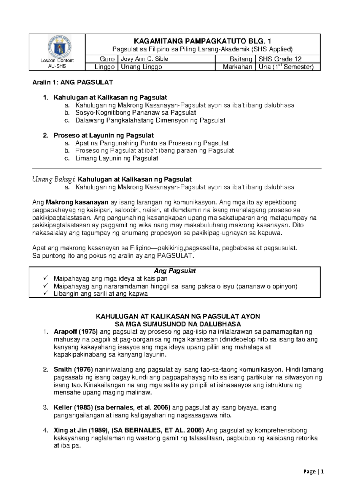 Grade 12 AU-SHS Lesson Handout 1: Pagsulat at Mga Dimensyon Nito - Studocu