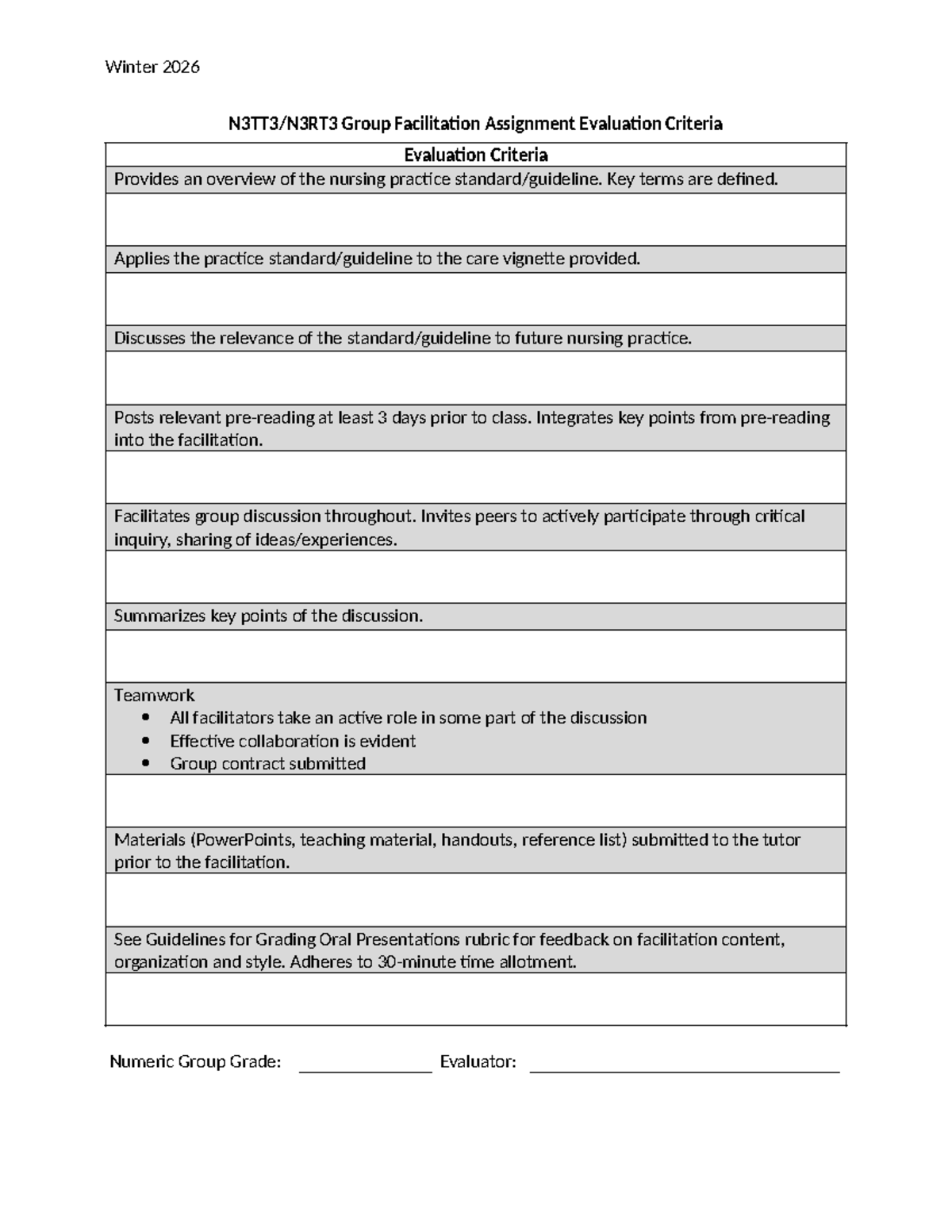 Winter 2026 Group Facilitation Assignment Evaluation Criteria - Studocu