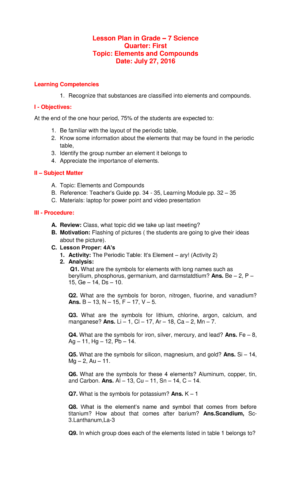 Grade 7 Science Lesson Plan: Elements and Compounds Overview - Studocu