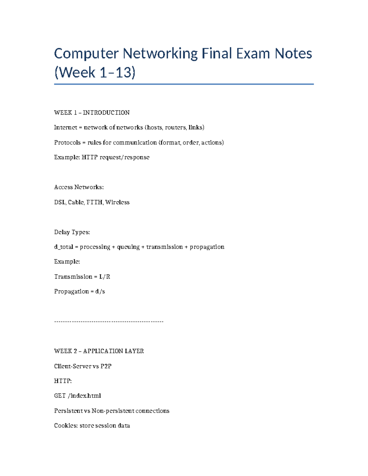 Computer Networking Final Exam Notes (Weeks 1-5 Overview) - Studocu