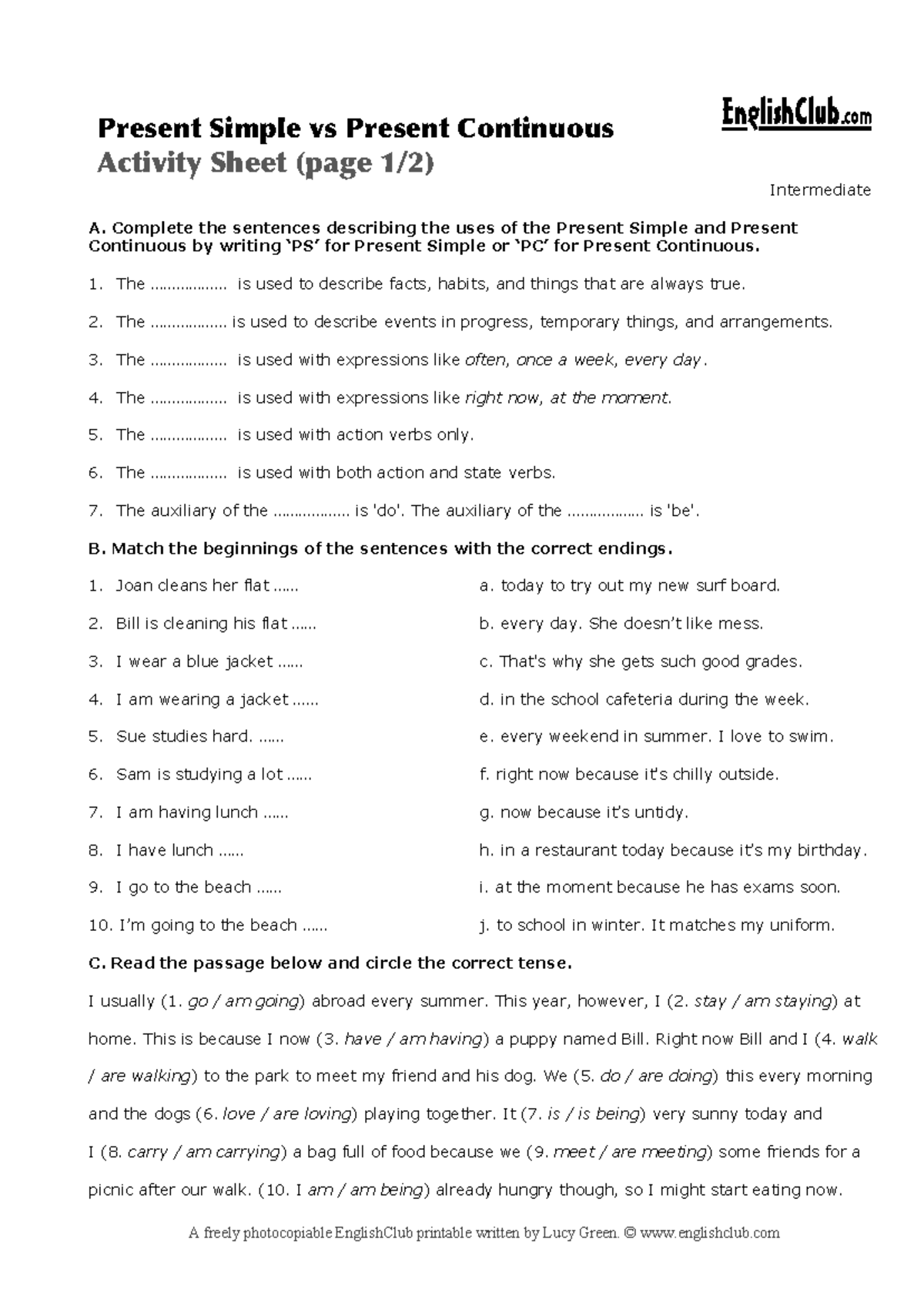 Present Simple vs Present Continuous Activity Sheet - Studocu
