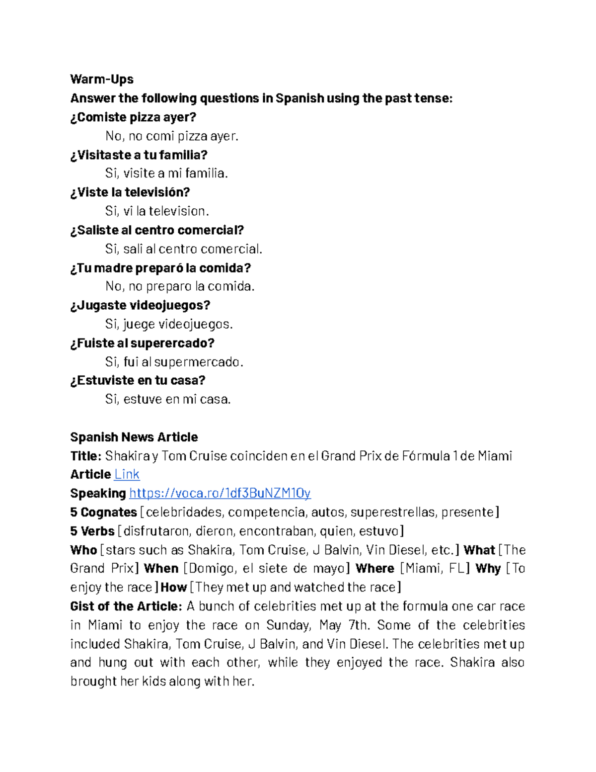 Spanish II Warm-Up Exercises for Week XVI and XVII - Studocu