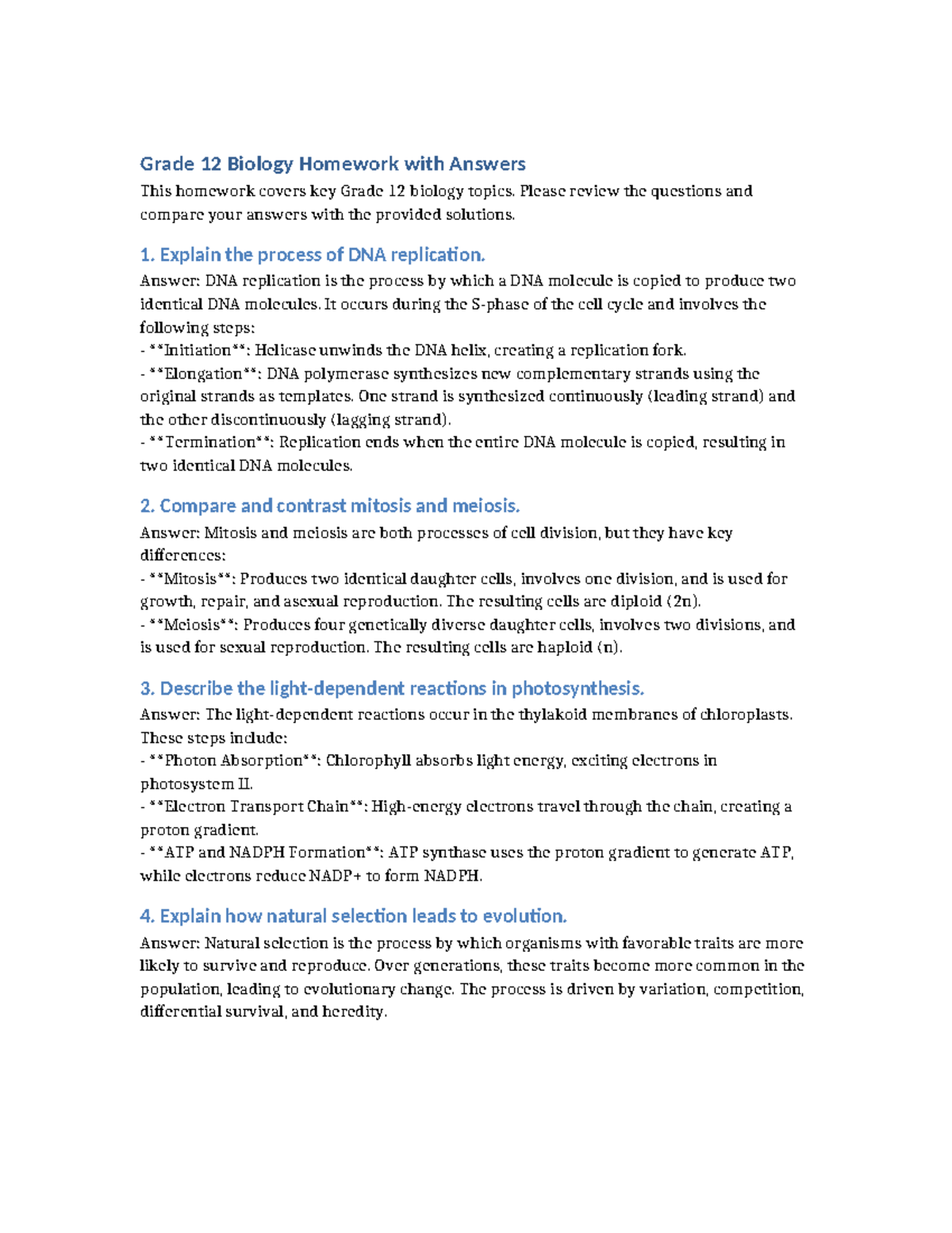Grade 12 Biology Homework with Answers - Grade 12 Biology Homework with ...