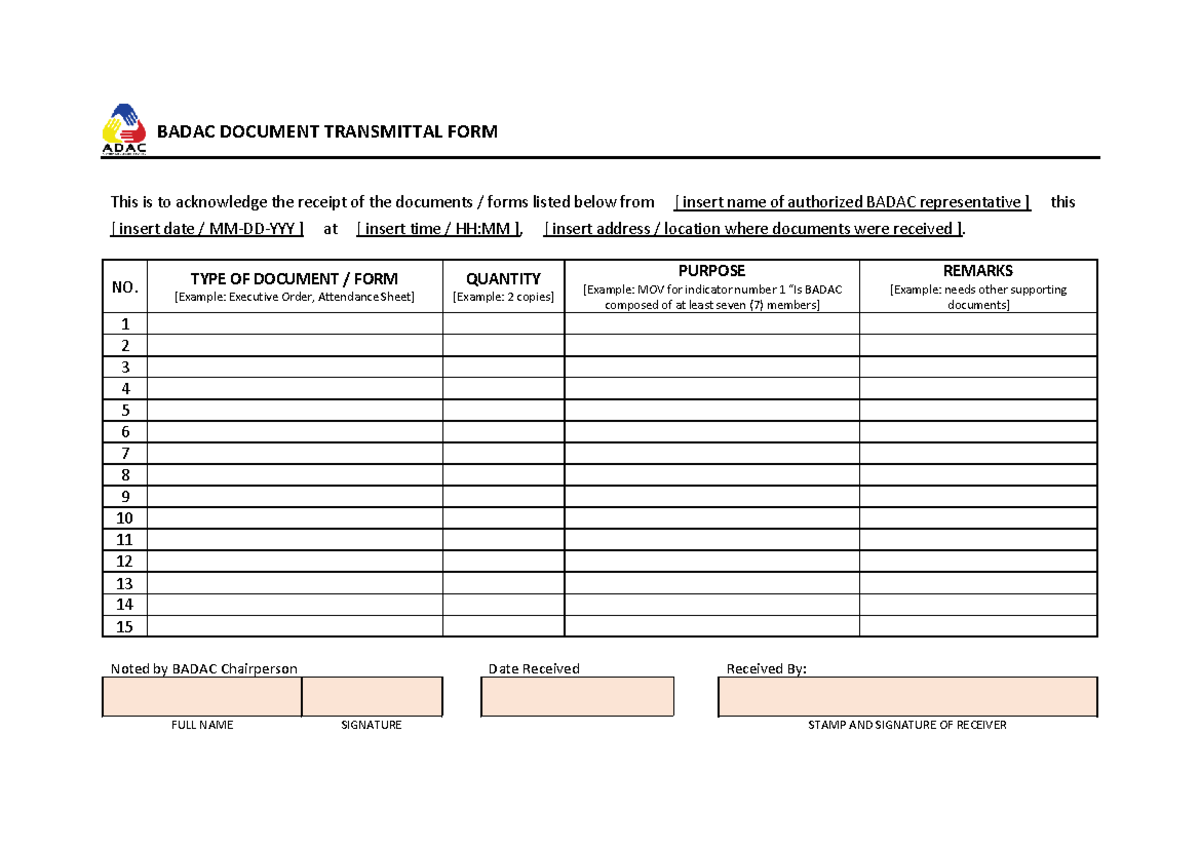 Badac FORM - Document Transmittal Form - This is to acknowledge the ...
