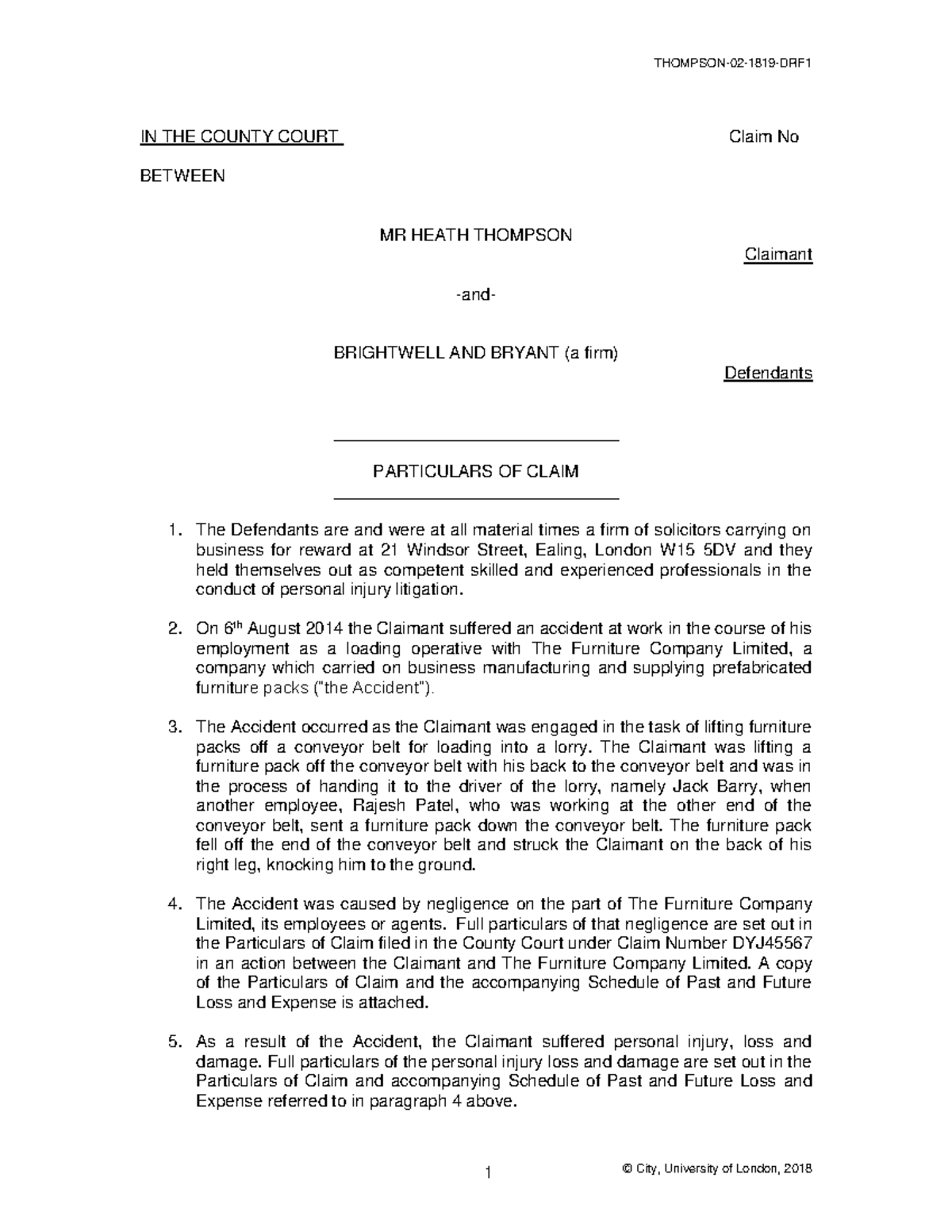 Thompson Draft - Negligence and Particulars of Claim Analysis - Studocu