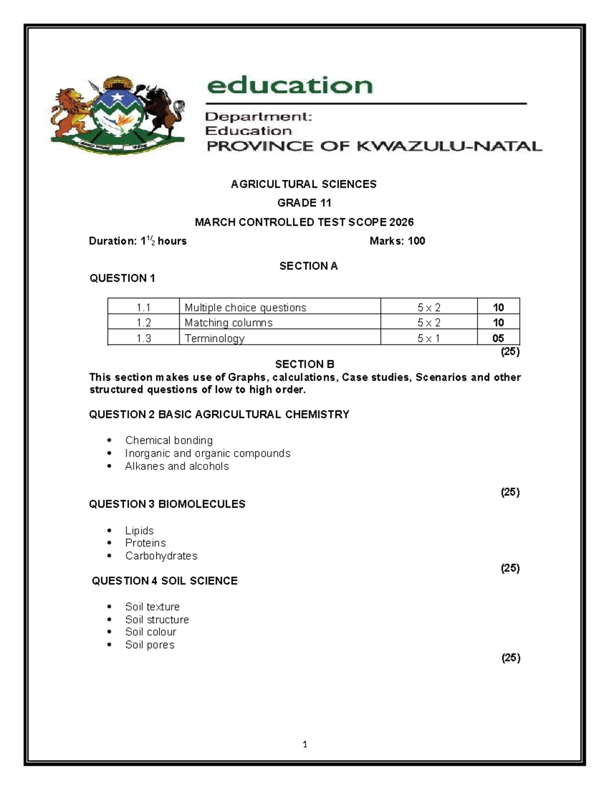 AGRICULTURAL SCIENCES GRADE 11 SCOPE 2026: CONTROLLED TEST & EXAMS ...