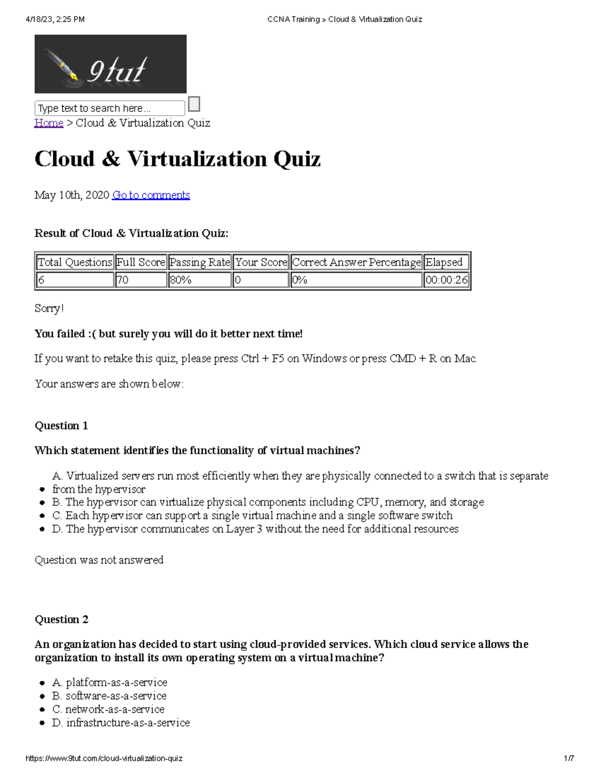 CCNA Training » Cloud & Virtualization Quiz answers - Question was not answered Question 1 Which ...