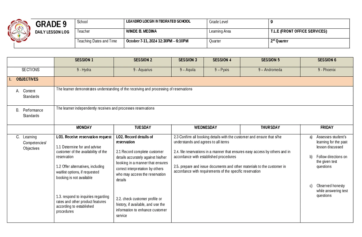 FOS-DLL Q2W5: Grade 9 T.L.E. Daily Lesson Log on Reservation Systems ...
