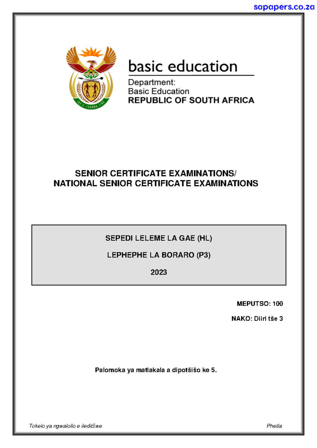 SC/NSC Sepedi Exam Paper 2023: Question Paper for Grade 12 - Studocu