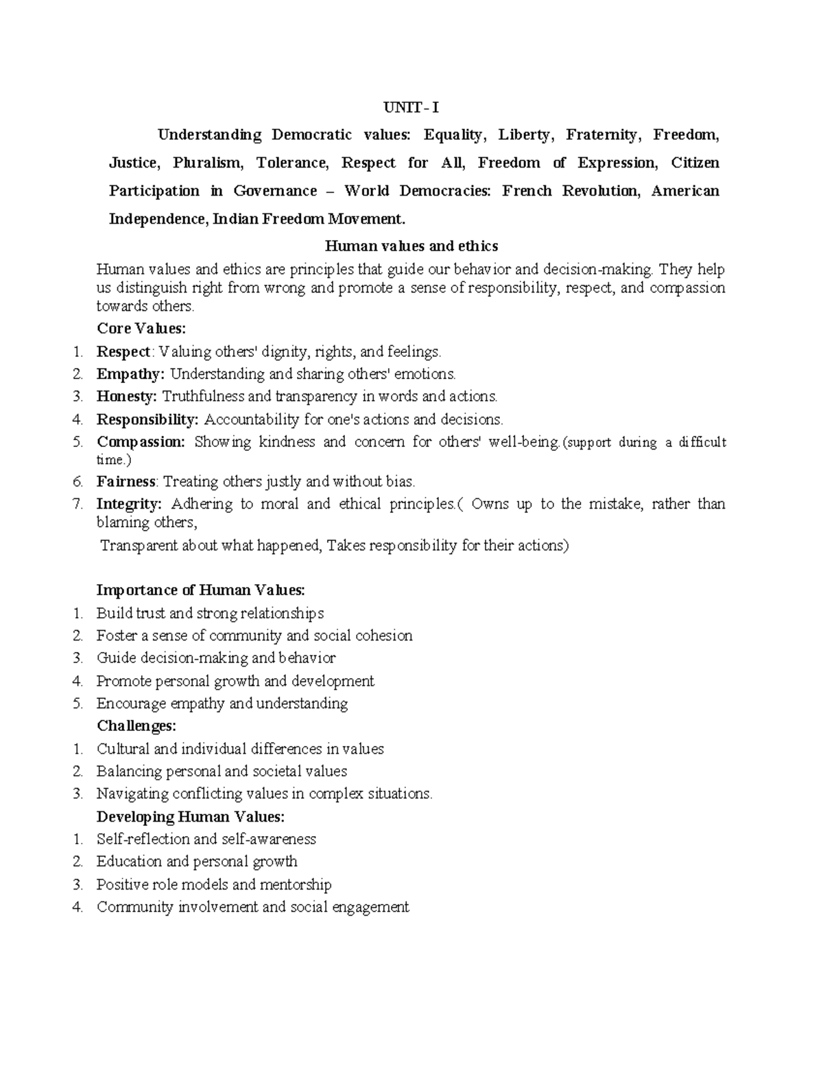 Human Values and Democratic Principles: A Comprehensive Overview (UNIT ...